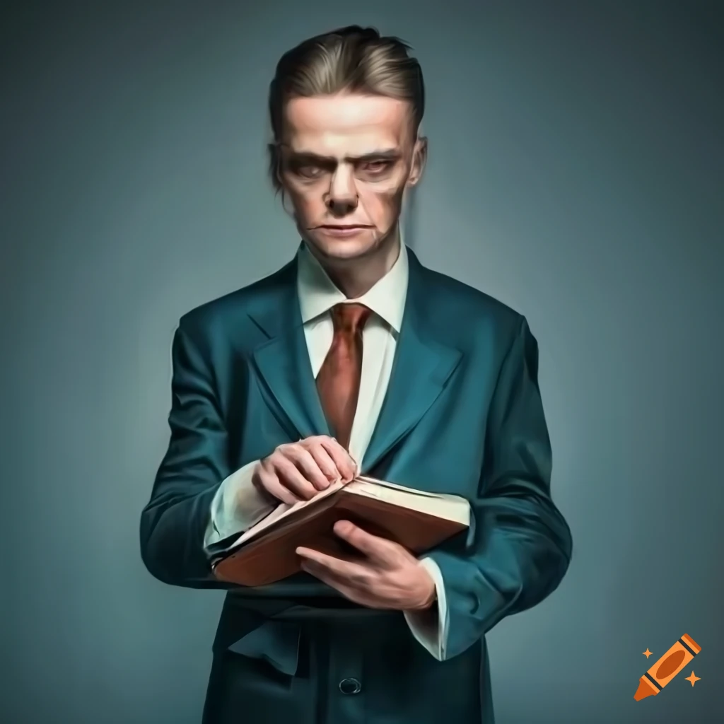 Portrait of an accountant with an account book in an old-fashioned suit ...