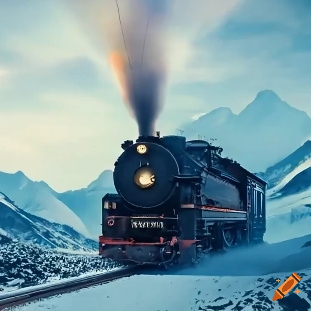 Powerful steam locomotive speeding through the mountains on Craiyon