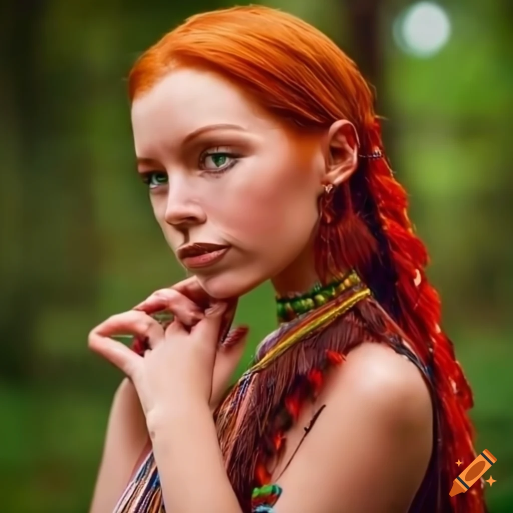 Beautiful red-haired indigenous woman with green eyes on Craiyon