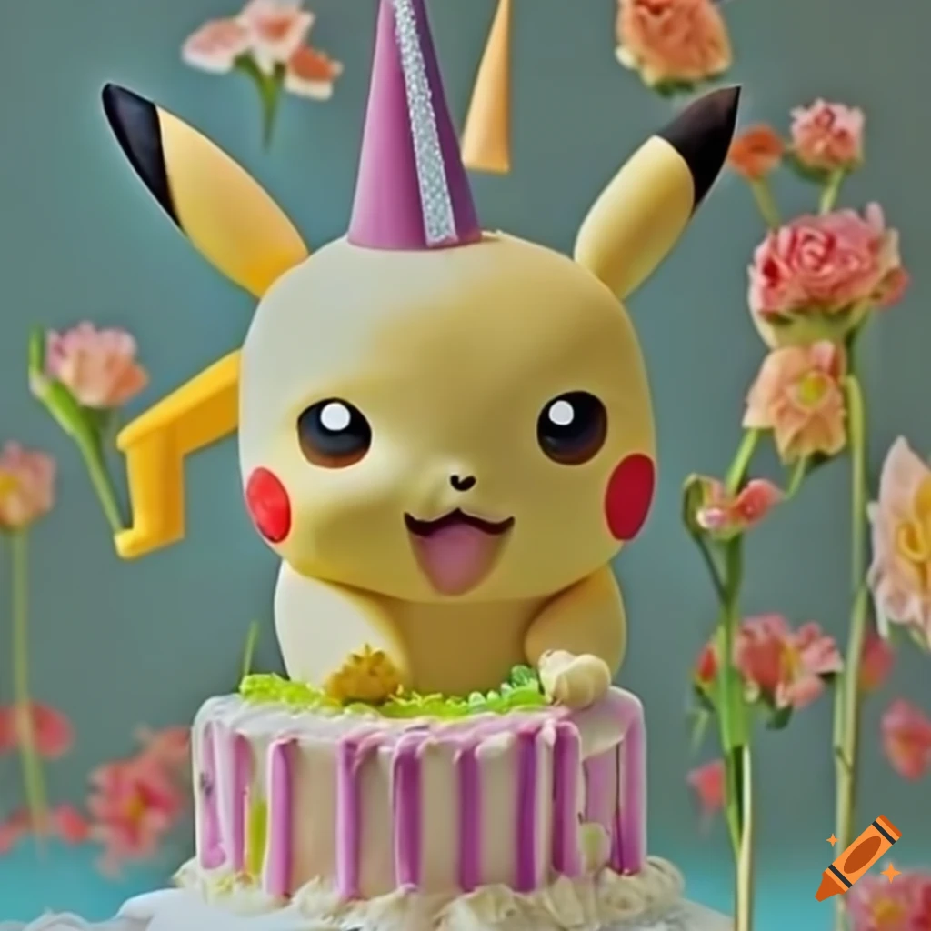 Playful pikachu celebrating with birthday cake amidst floral delights ...