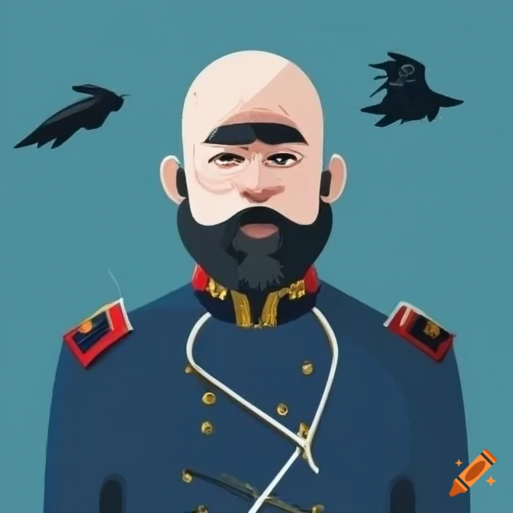 Bald man with a black beard in a general's uniform standing in front of ...