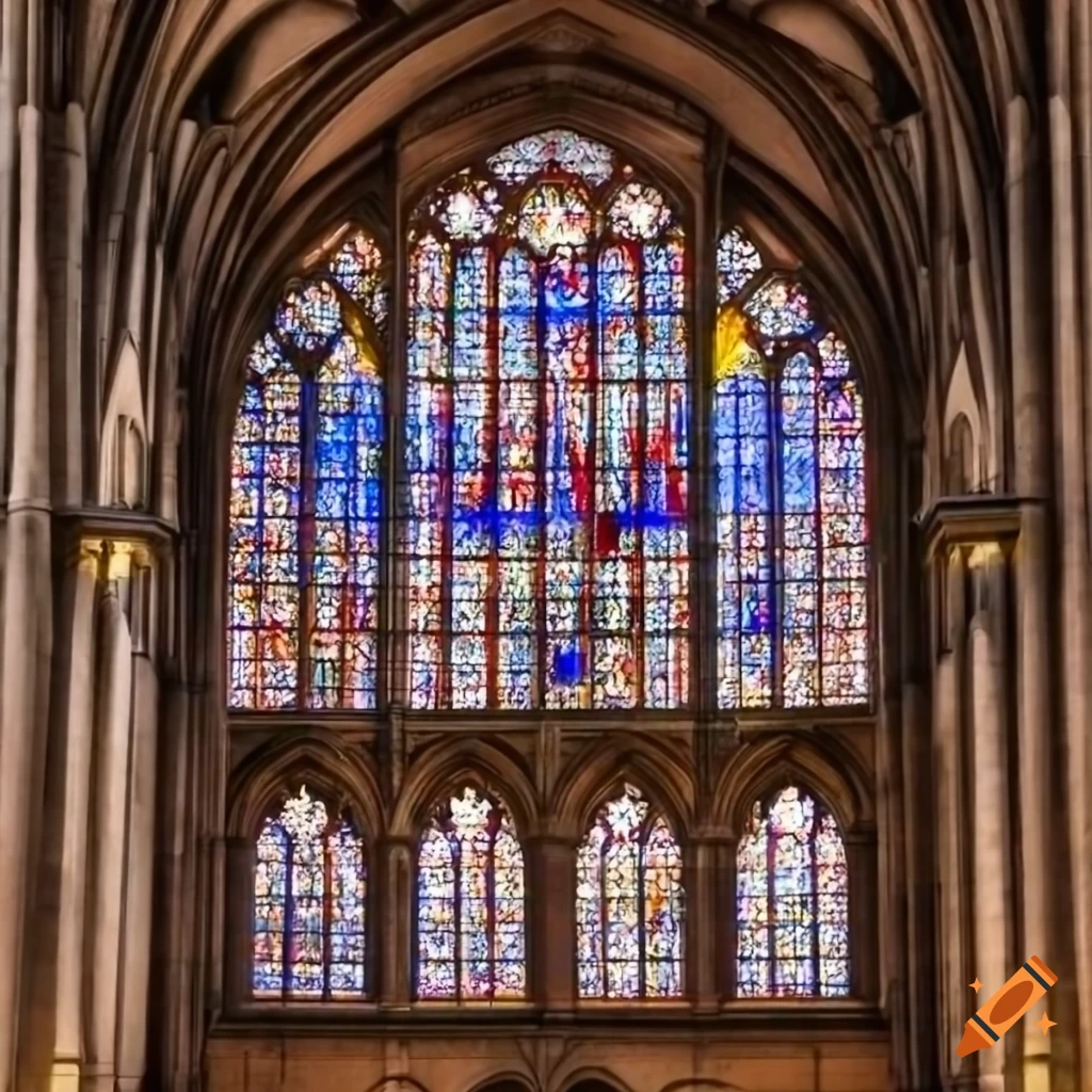 Interior view of a cathedral with beautiful stained glass windows on ...