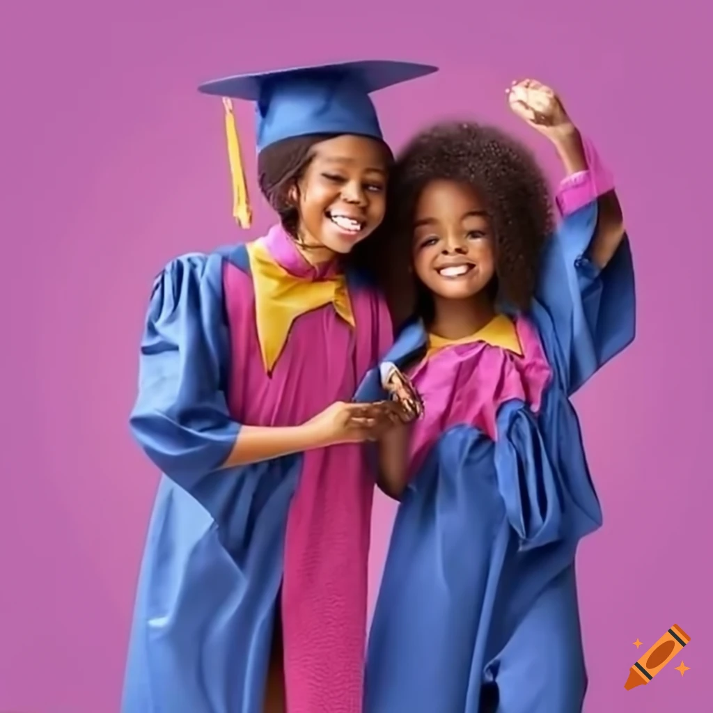 Two friends celebrating graduation in matching dresses and caps on Craiyon