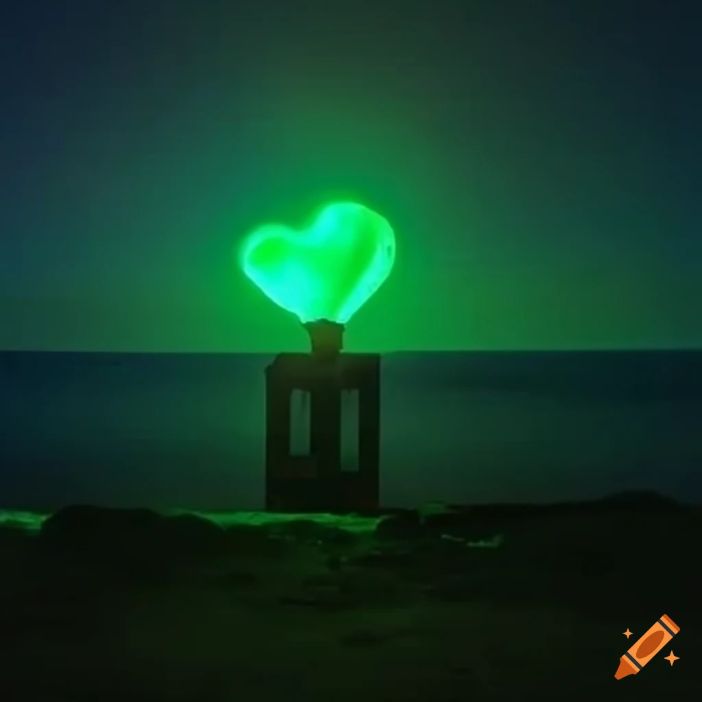 Heart shape inside building with ocean view at night, beach with green ...