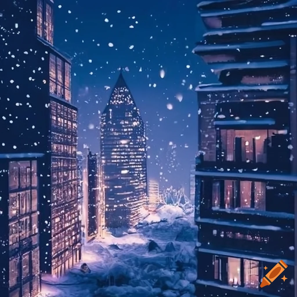 Modern buildings under a snowy night on Craiyon