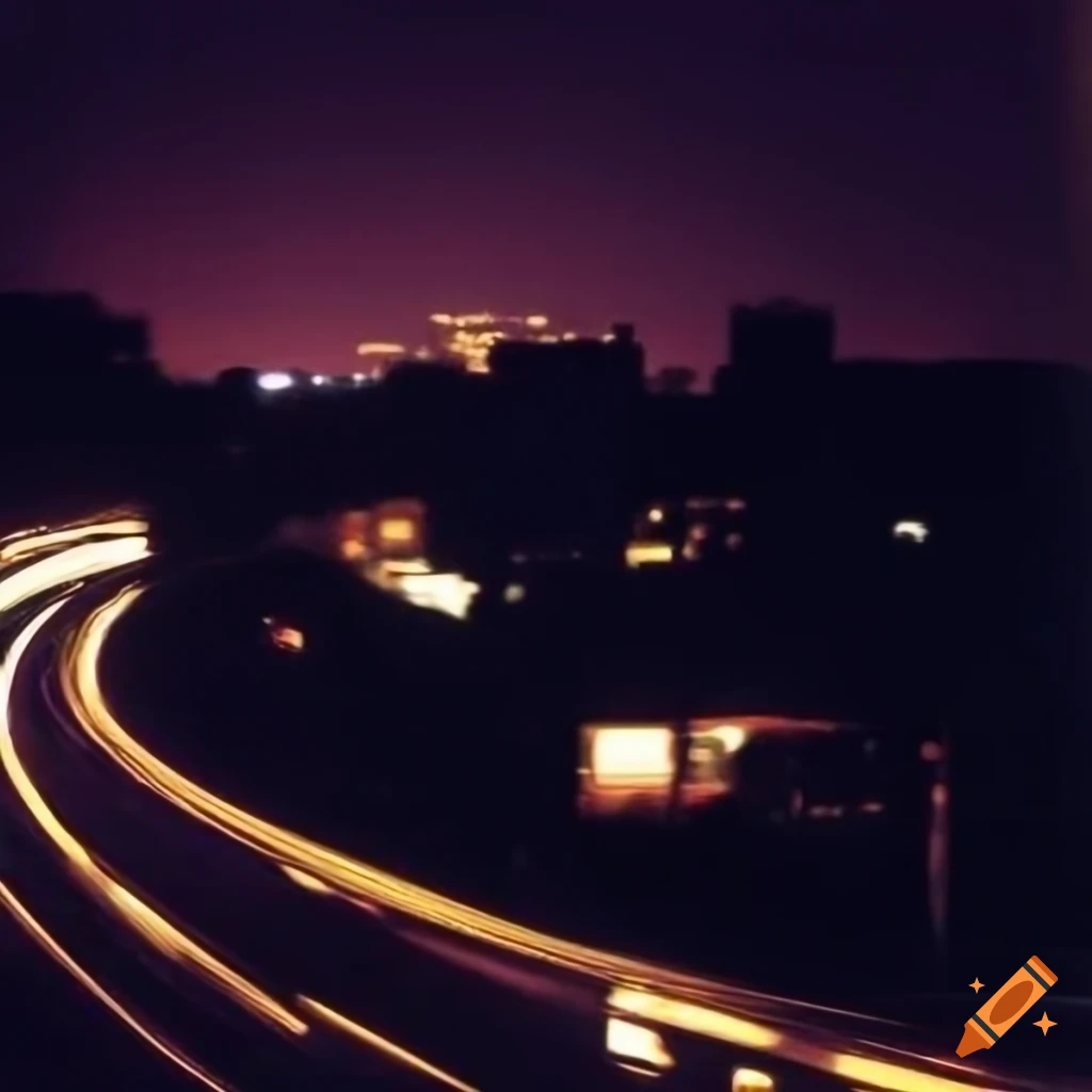 City view from a car in the 1990s at night with dusk sky on Craiyon
