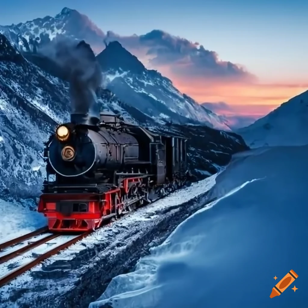Powerful steam locomotive speeding through the mountains on Craiyon