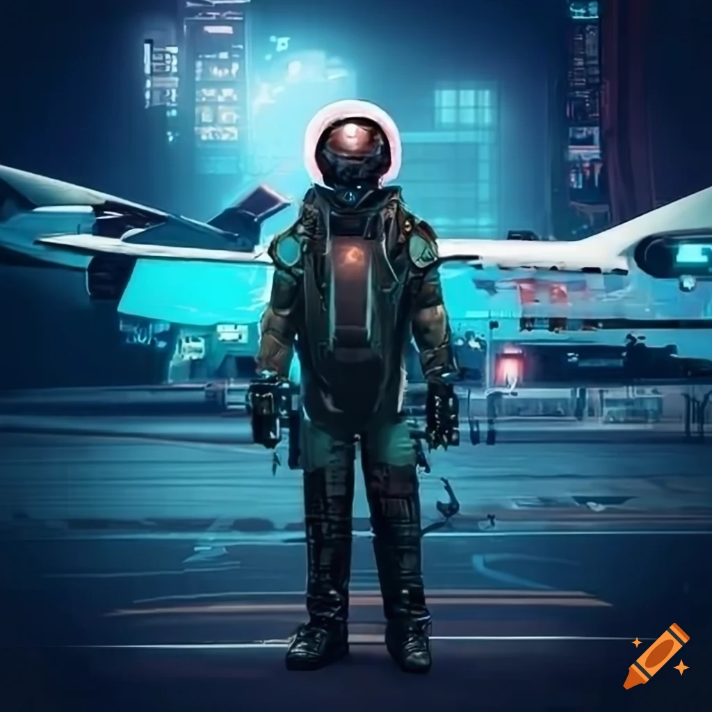 Sci-fi cyberpunk pilot standing in front of an aircraft on Craiyon