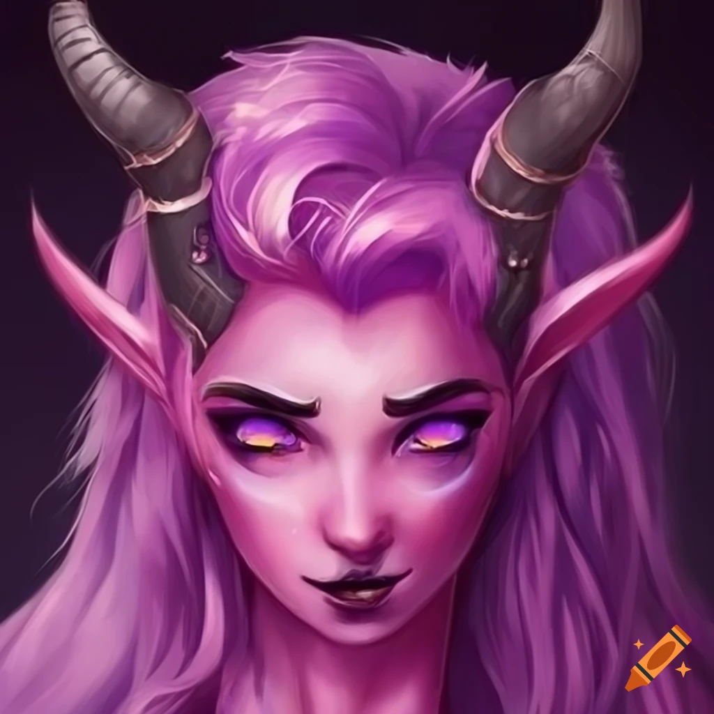 Portrait of a pink tiefling sorceress with violet eyes on Craiyon