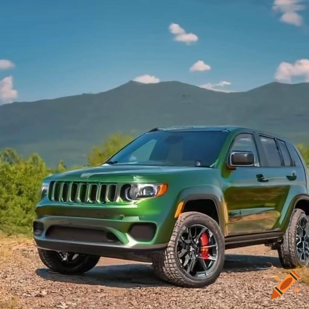 2021 jeep srt in f8 green with mountain background during summer on Craiyon