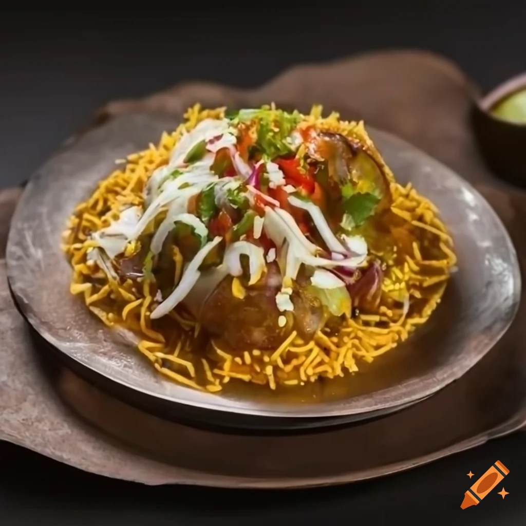 Indian street food kachori chaat topped with sev and grated onion on ...
