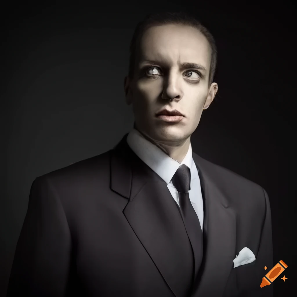 Portrait of a man in a suit with sinister expression under glamour ...