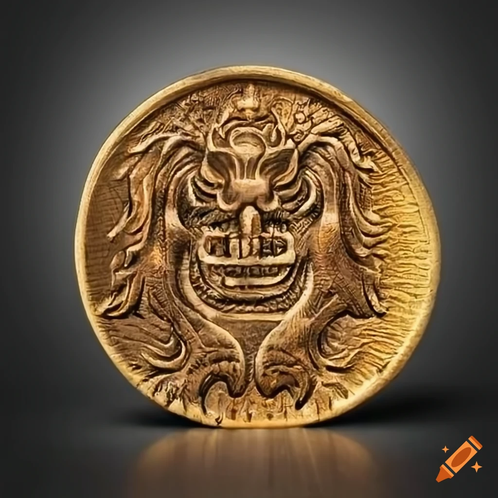 Golden coin on wood with cornucopia, bull, lion, snake, and eagle ...