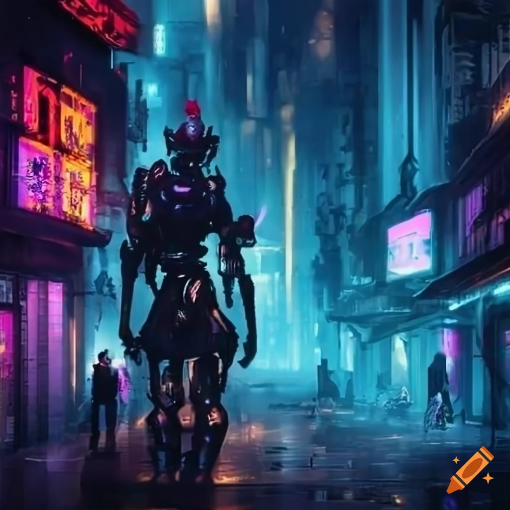 Cityscape blending biopunk and cyberpunk elements with neon-lit streets ...