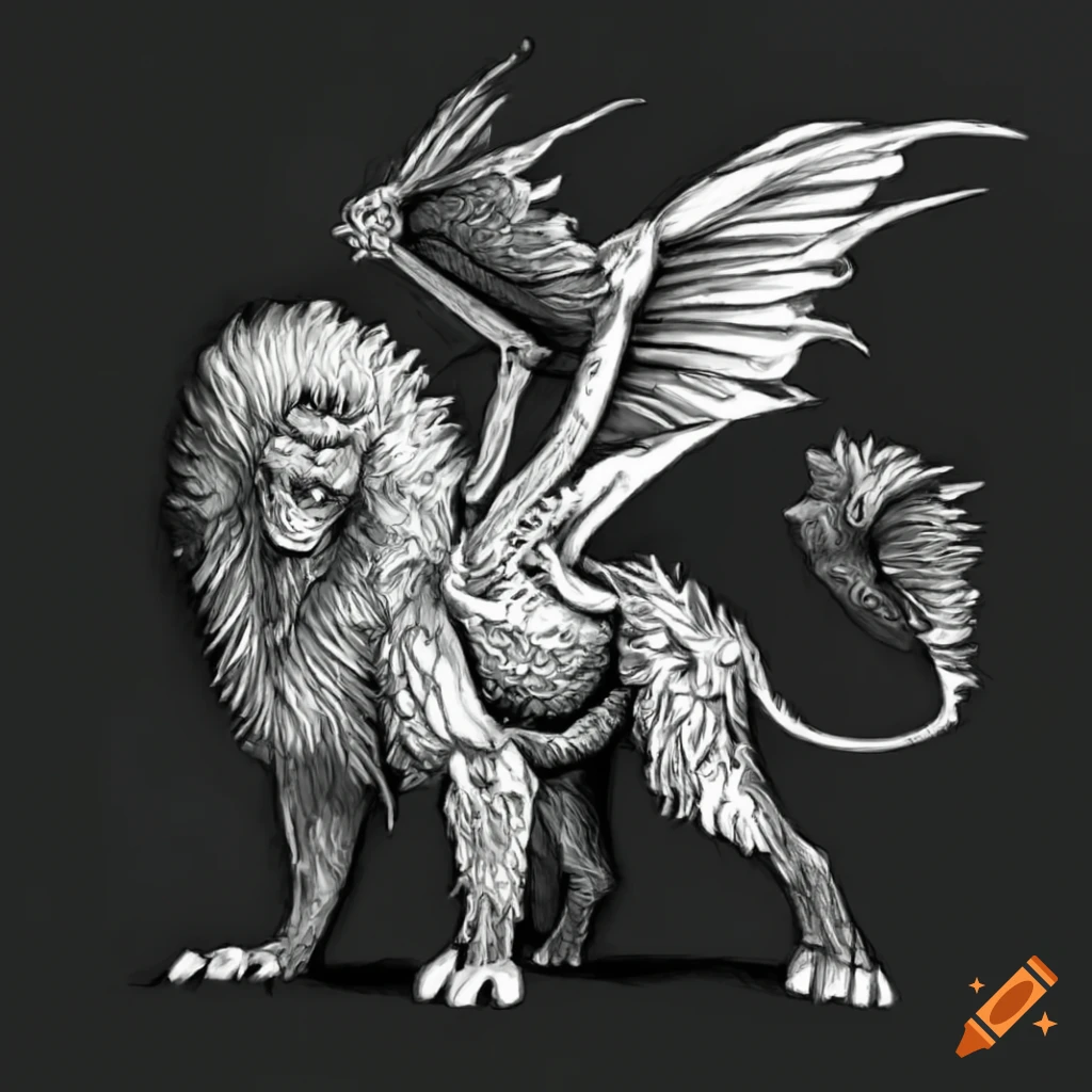 Majestic manticore flying in captivating black and white line art on ...