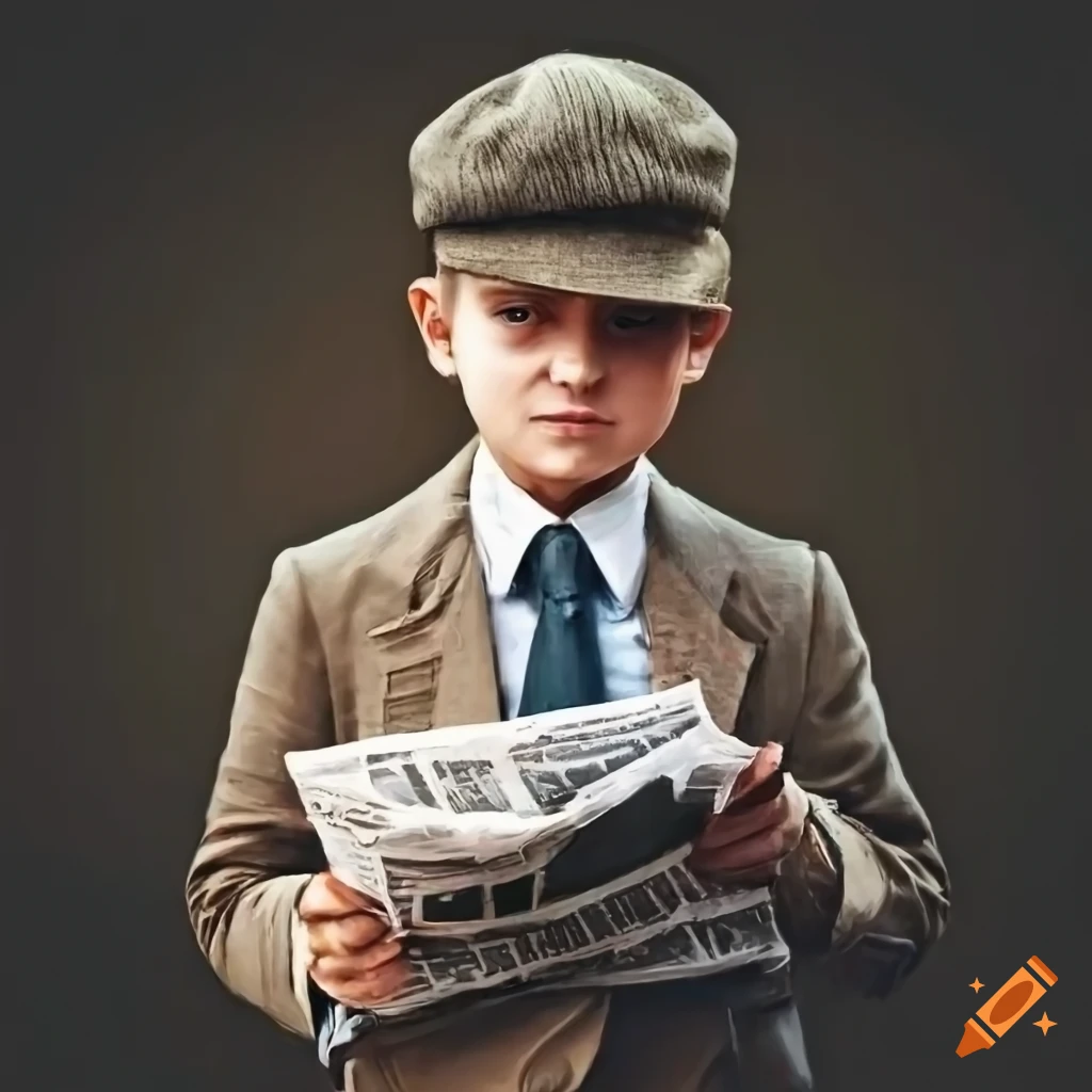 Portrait of a newsboy standing on the street with a newspaper on Craiyon