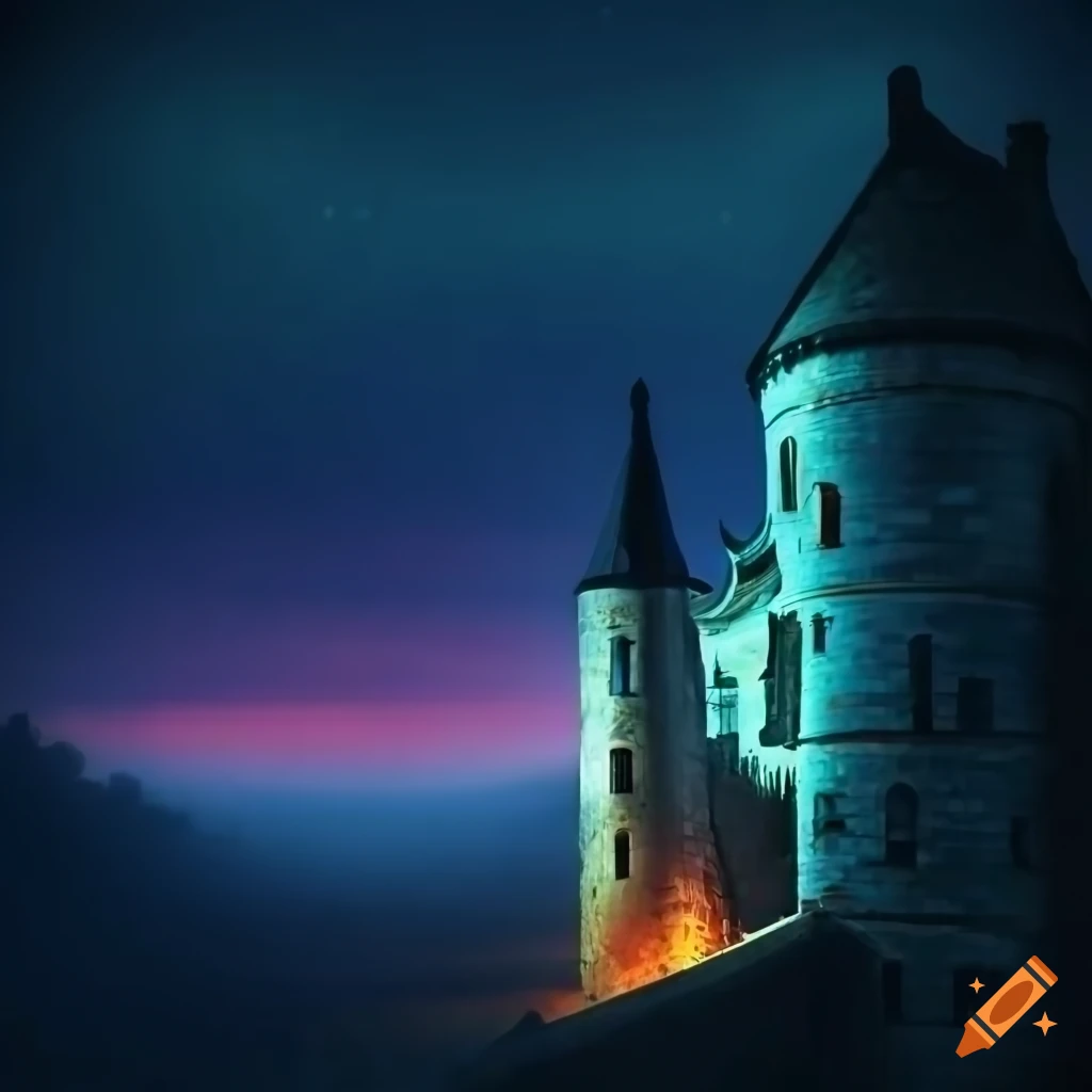 Night view of a castle with illuminated windows on Craiyon