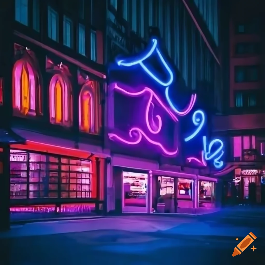 Oversized neon sign in front of a deserted shopping mall at night with ...