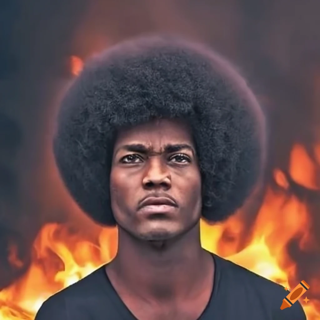 Man with afro in front of burning buildings on Craiyon