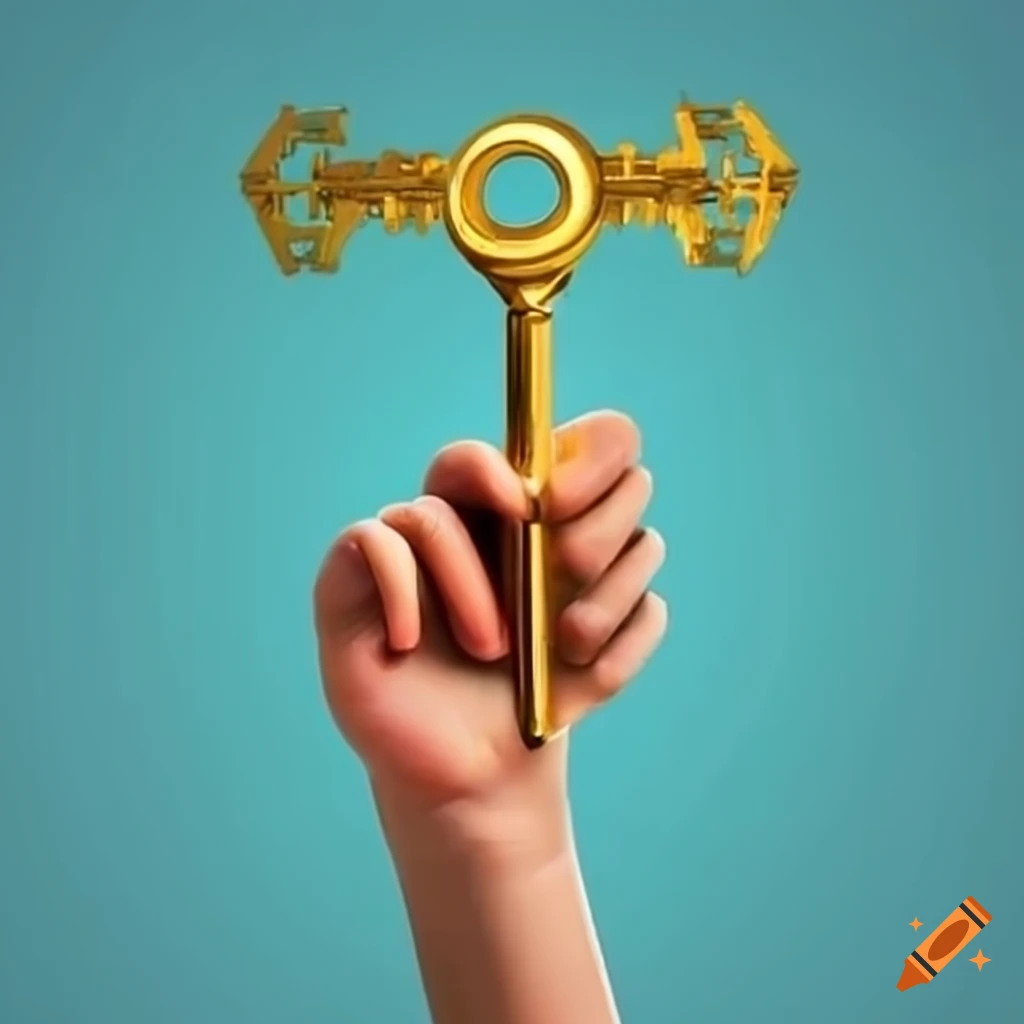 Vertical hand holding two golden keys on Craiyon