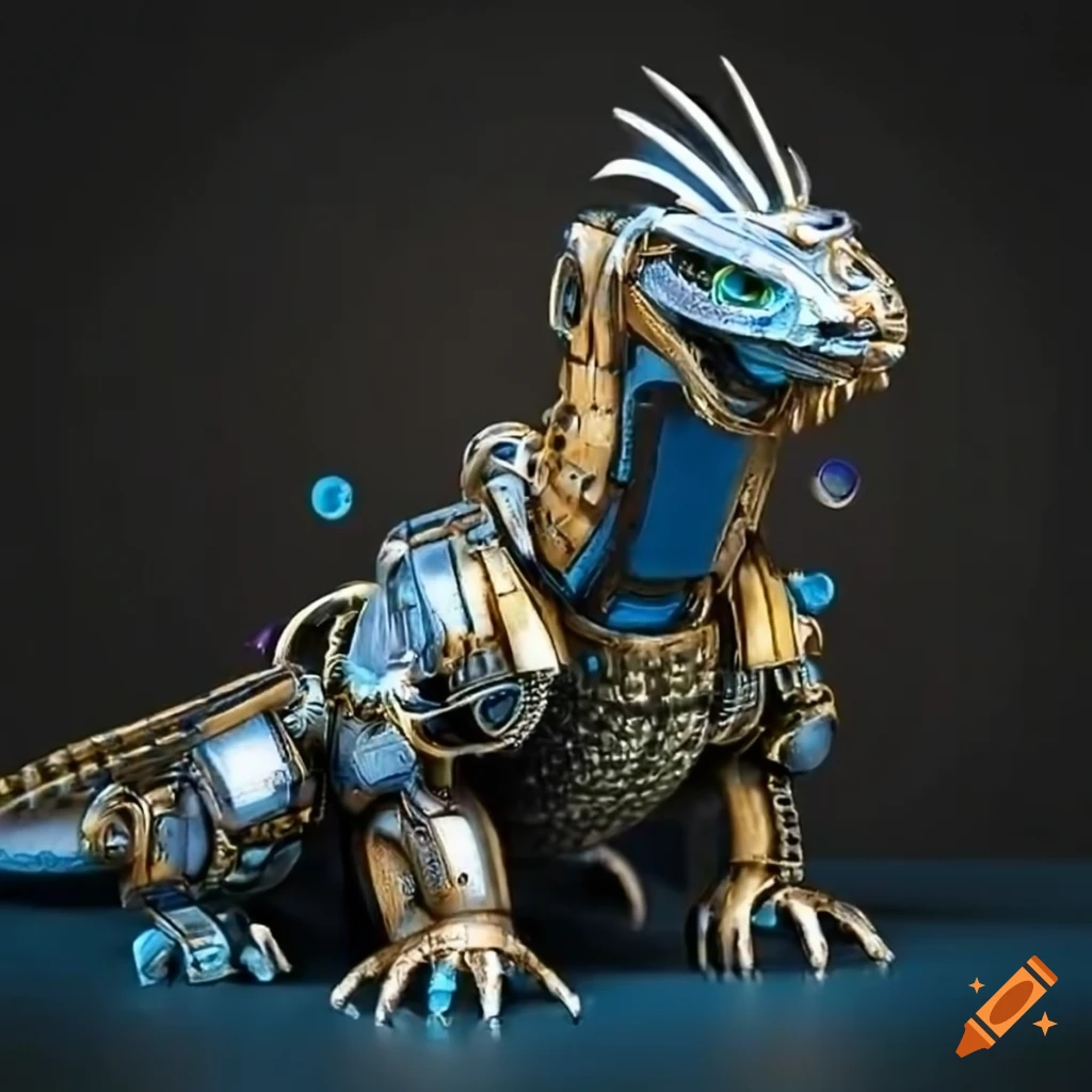Metallic futuristic steampunk robot komodo dragon with blue eyes on Craiyon
