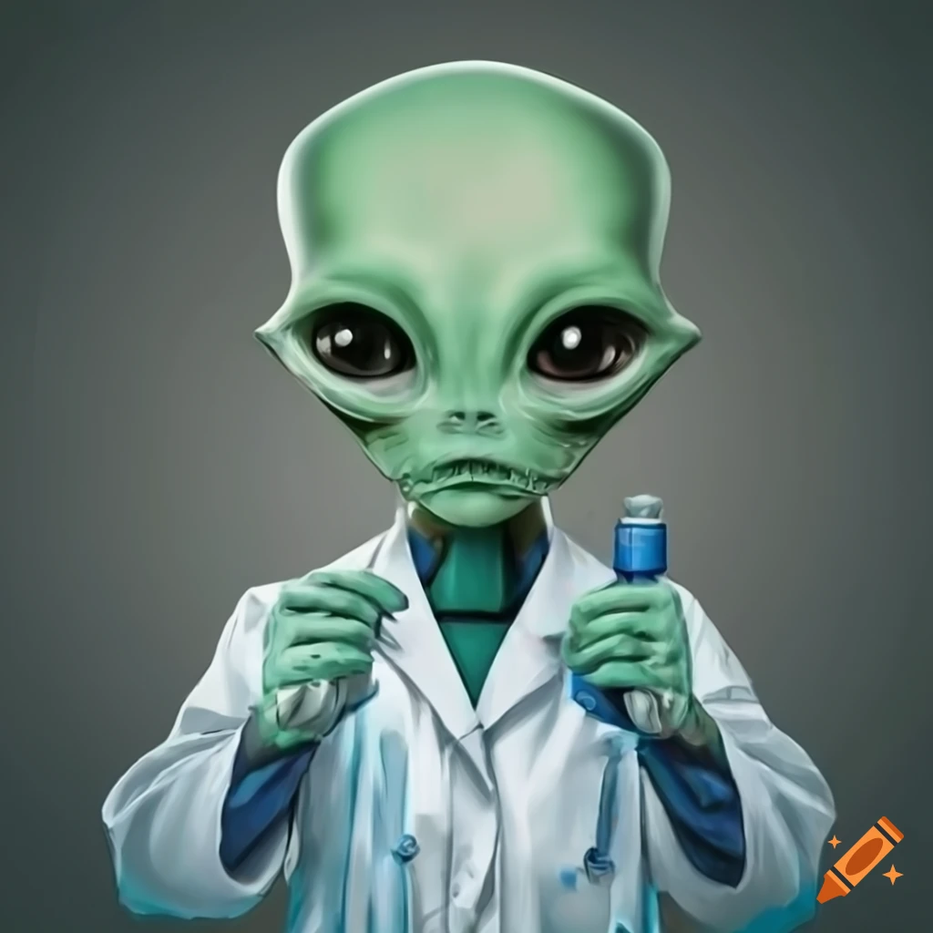 Alien scientist wearing a lab coat on Craiyon