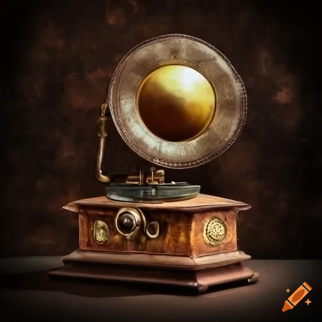 Detailed steampunk phonograph on a table on Craiyon