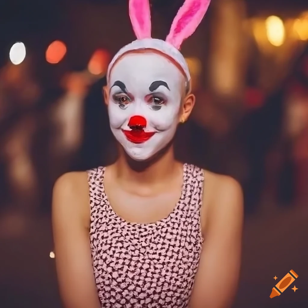 Clown mime girl with pink bunny ears hat walking on the street at night ...