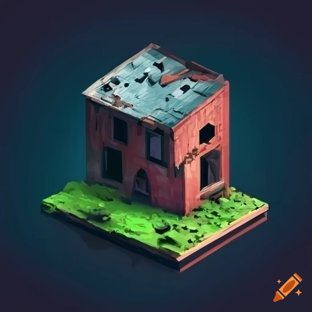 Isometric illustration of an abandoned house on Craiyon