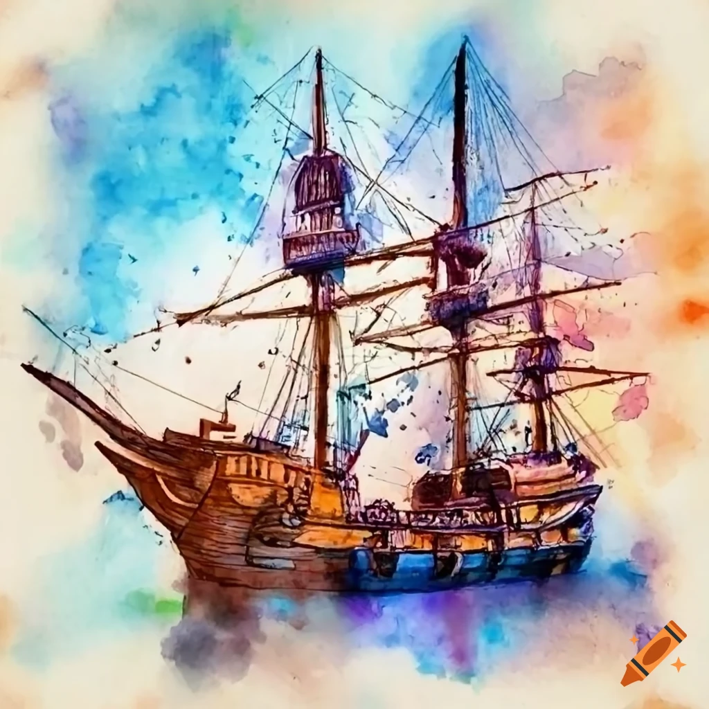 Side view watercolor portrait of a wooden pirate ship on Craiyon