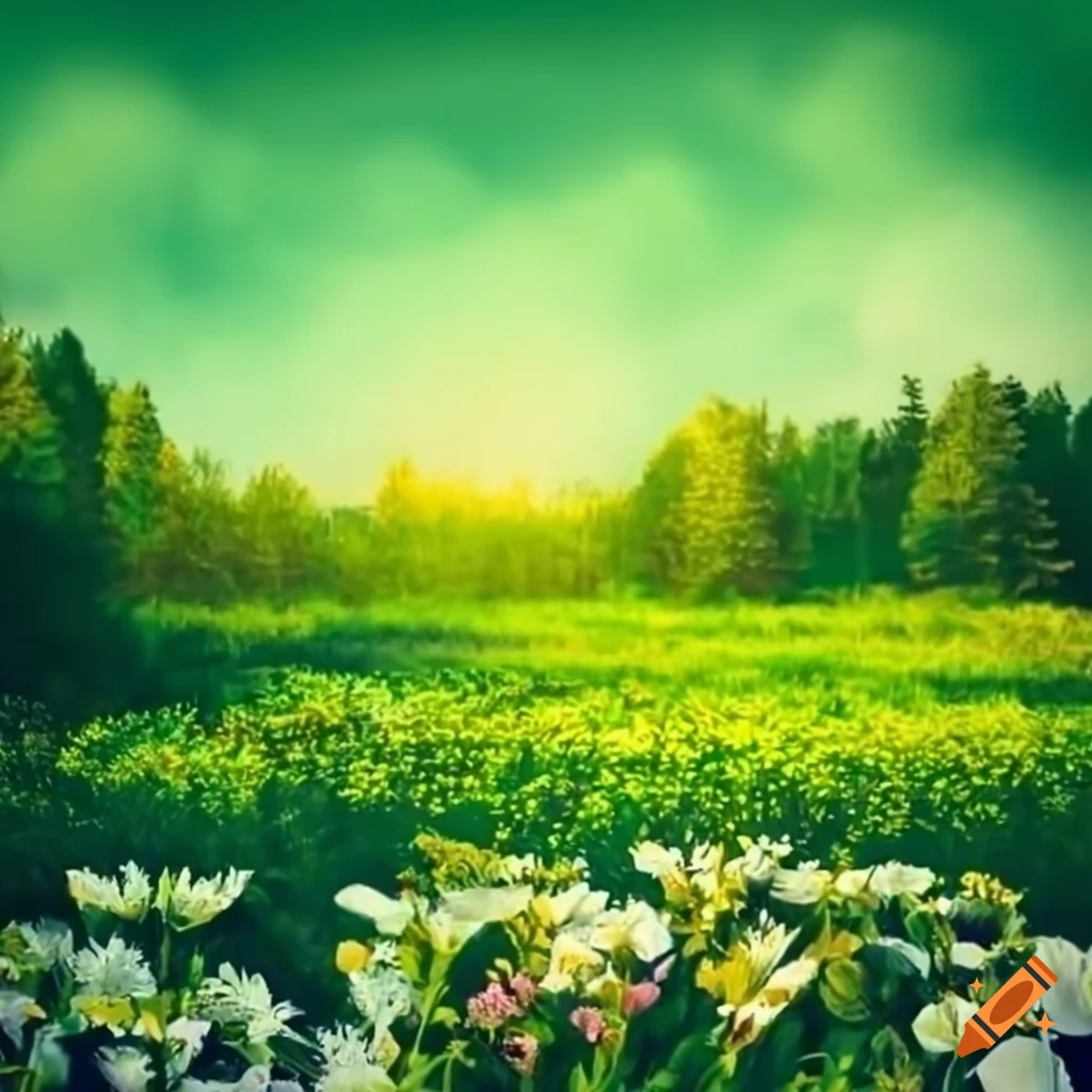 Lush green landscape with blooming flowers, embracing the essence of ...