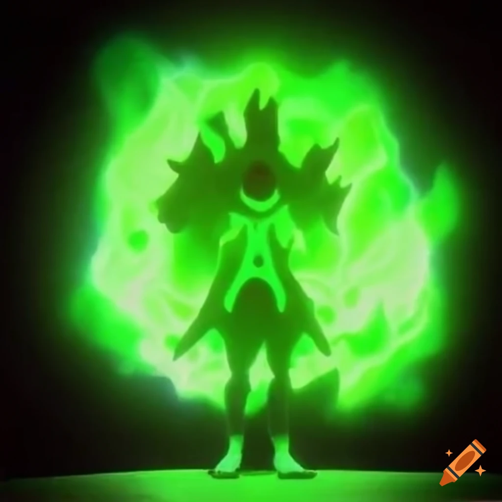 Black anime character in green flames with an evil glimpse in the eye ...