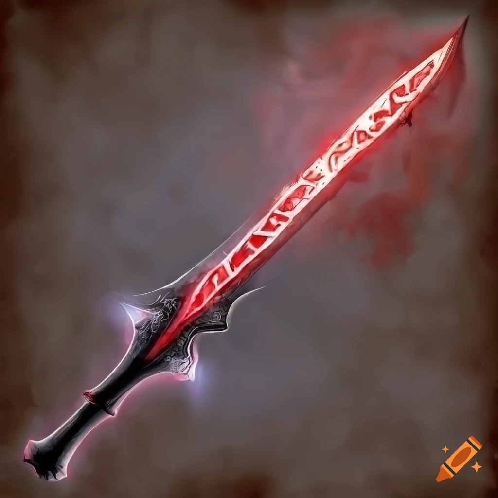 Dark fantasy sword with glowing red runes and black smoke on old paper ...