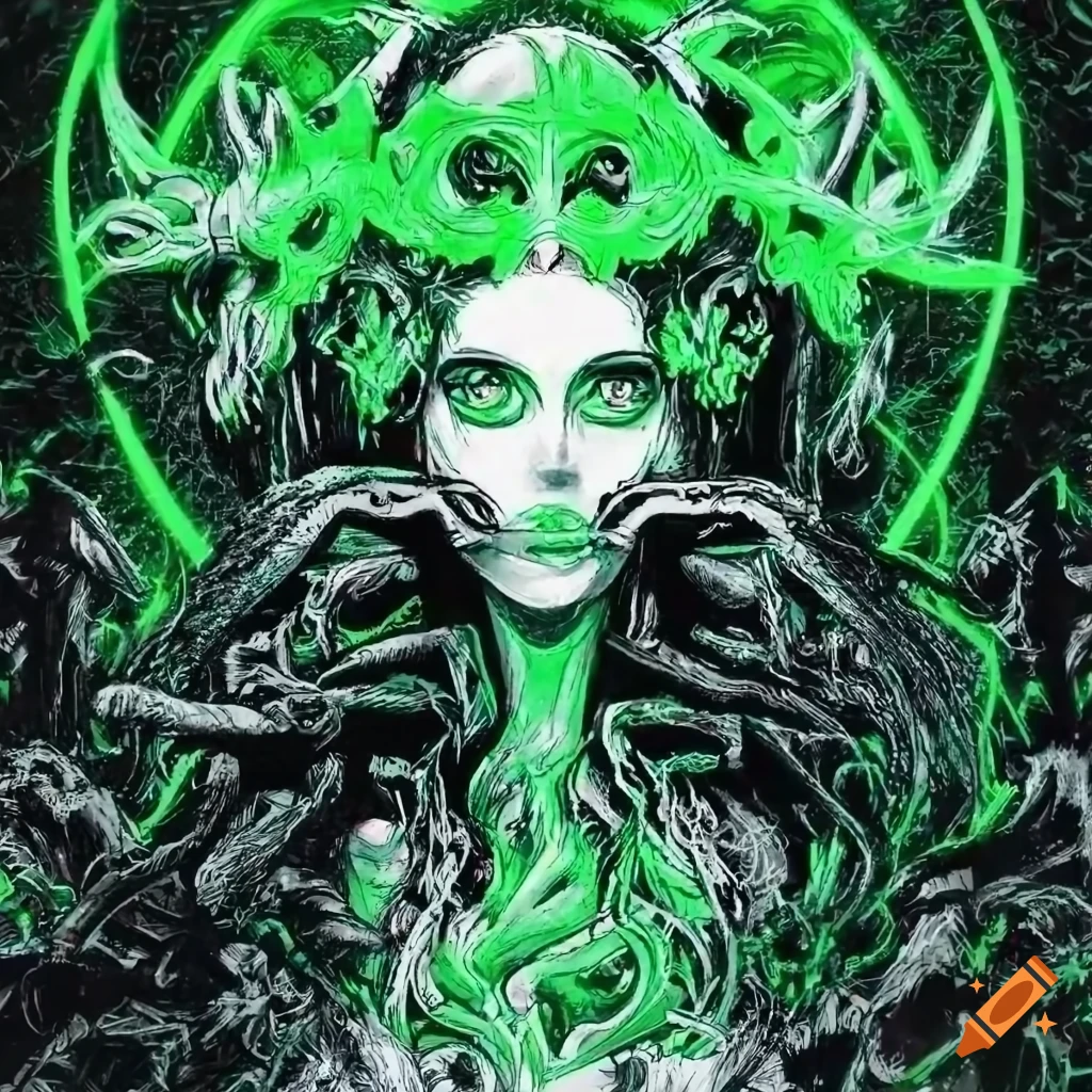 Neon green, white, and black demonic dragon inspired by various art ...