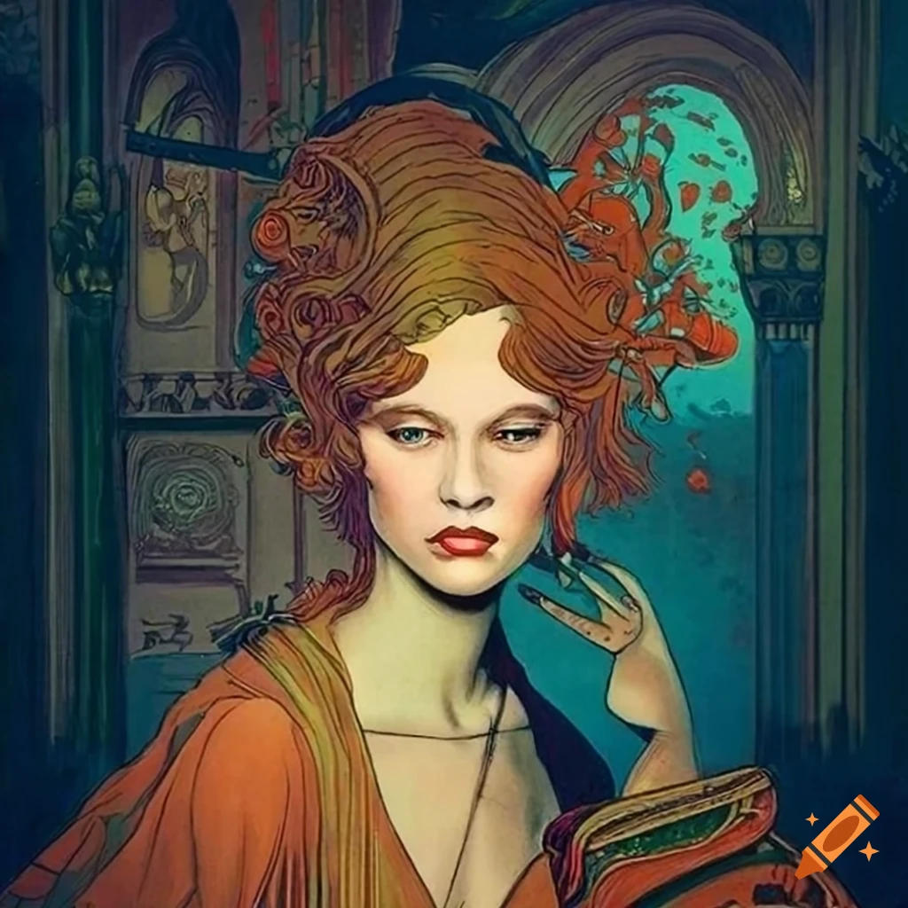Detailed and surreal artwork inspired by Art Nouveau and Classical Comics Illustrated on Craiyon