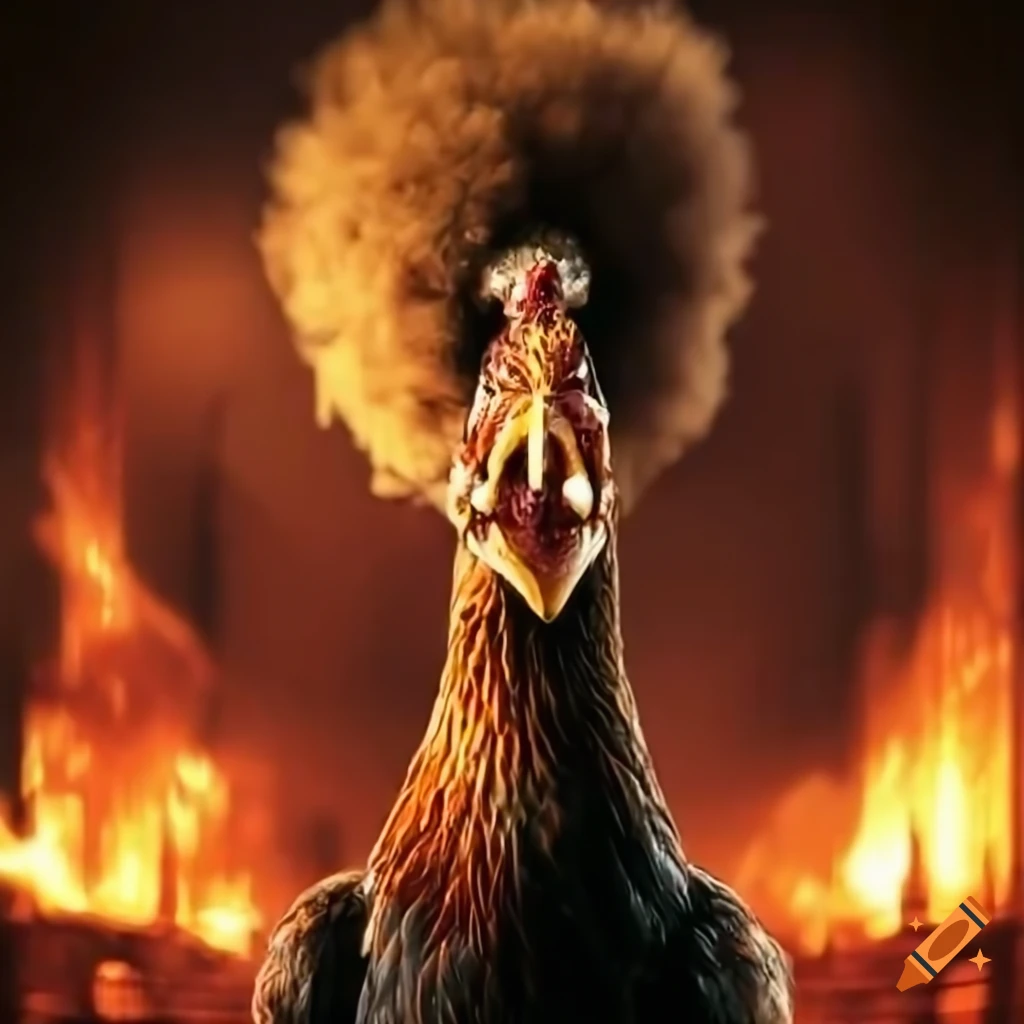 Gangster chicken with gold teeth and afro, burning buildings in the ...