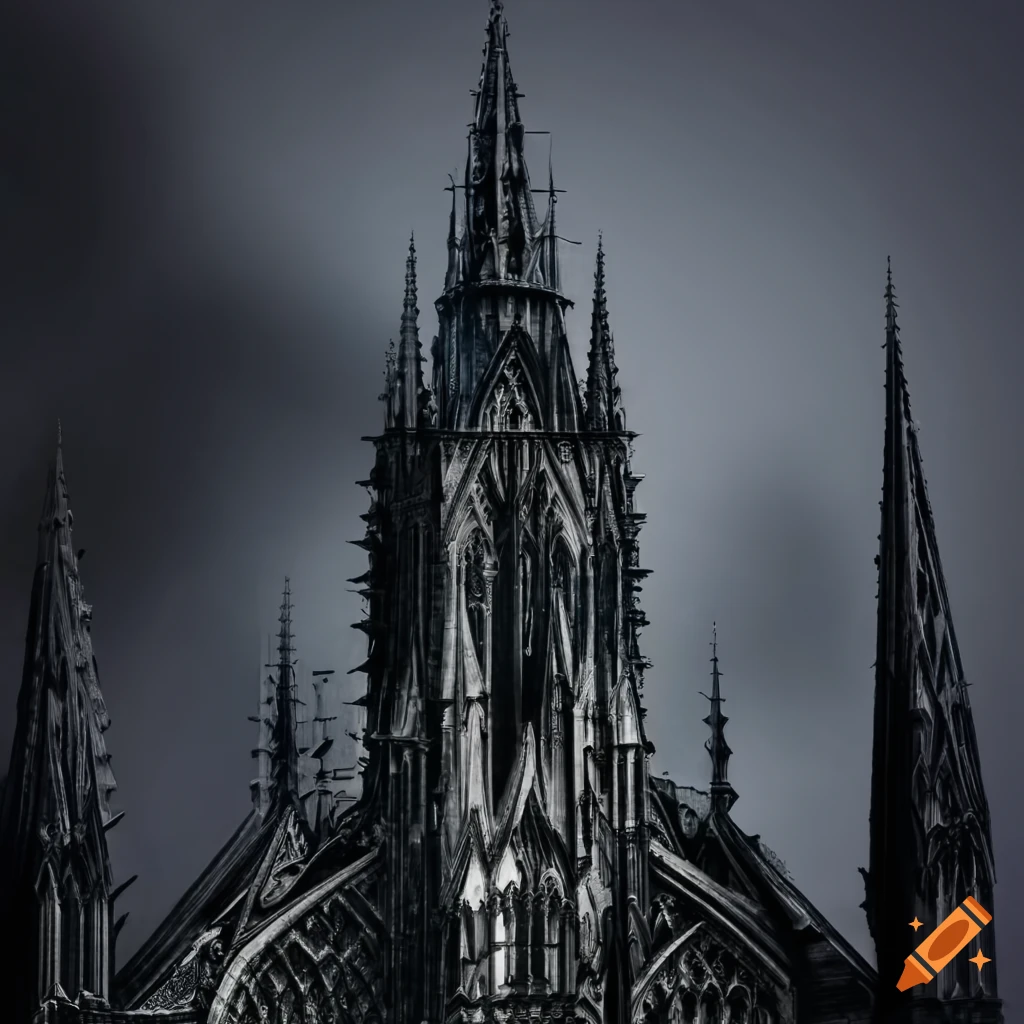 Gothic cathedral with spikes in a dark setting on Craiyon
