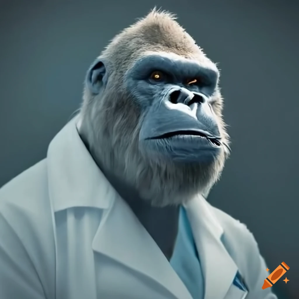 Gorilla wearing a white lab coat conducting a scientific experiment on Craiyon