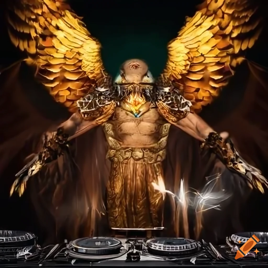 Fantasy hawk warrior with golden wings mixing a dj set on Craiyon