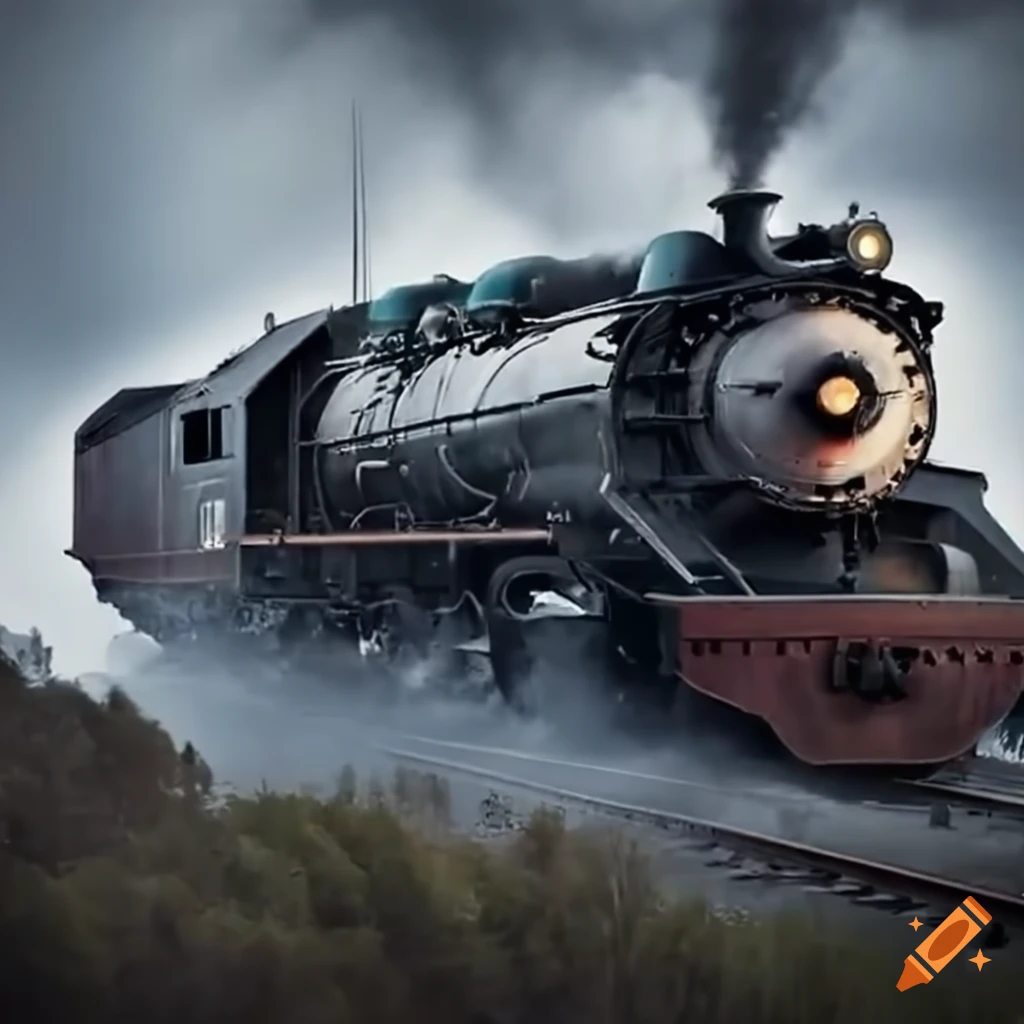 Powerful steam locomotive speeding through the mountains on Craiyon