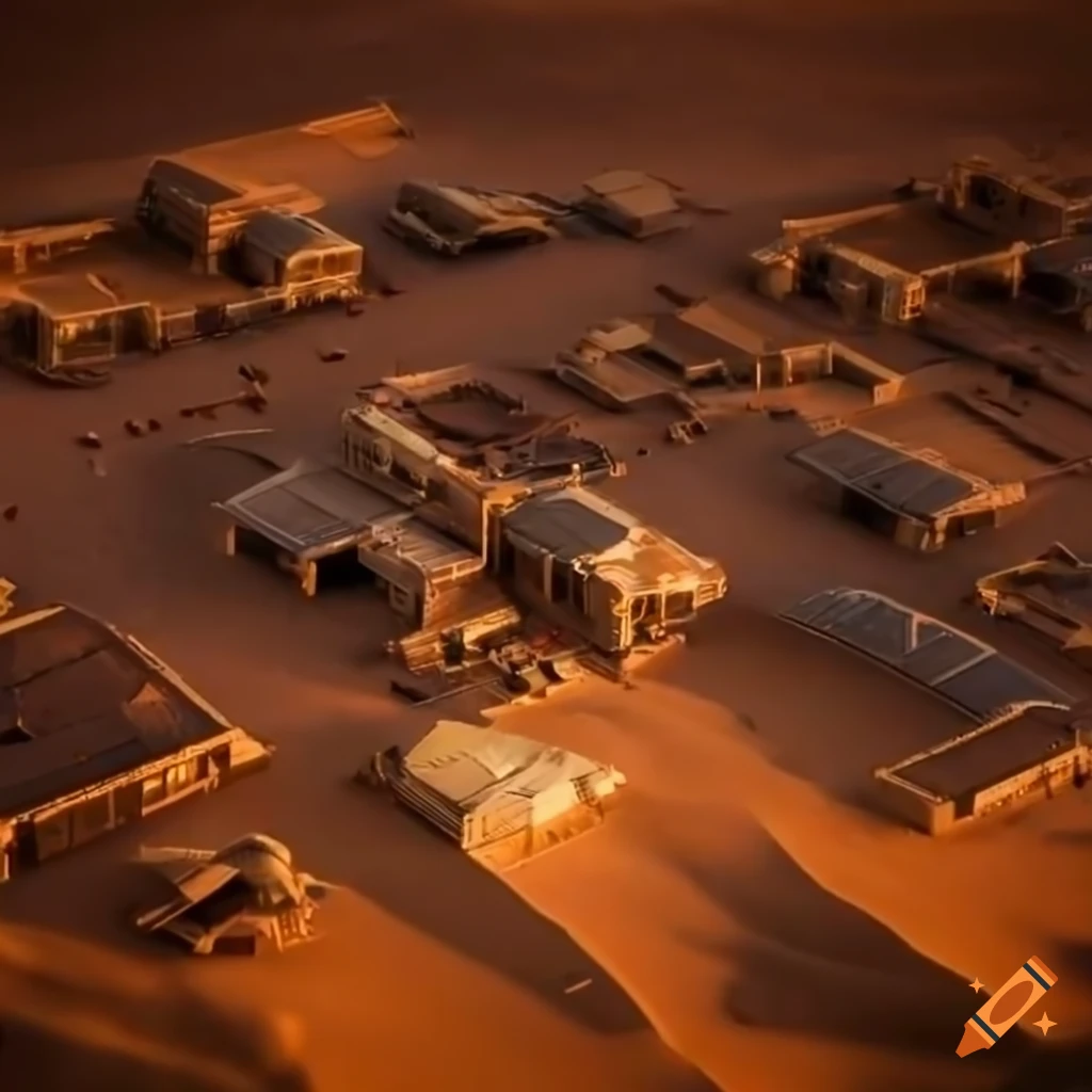 Aerial view of a military base in a desert setting with a scifi vibe on Craiyon