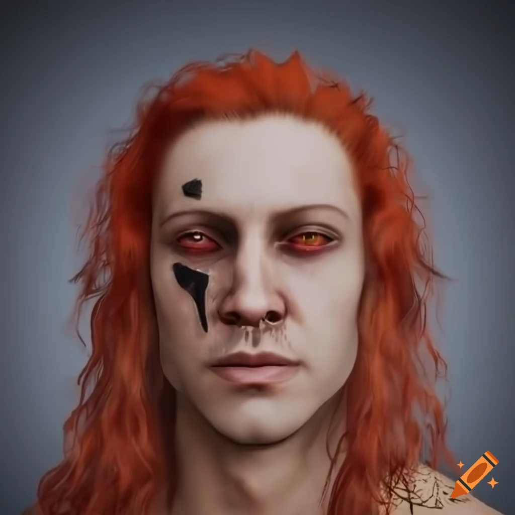 Portrait of Etruscan-Hittite pale-white-skinned, red-long-haired elf ...