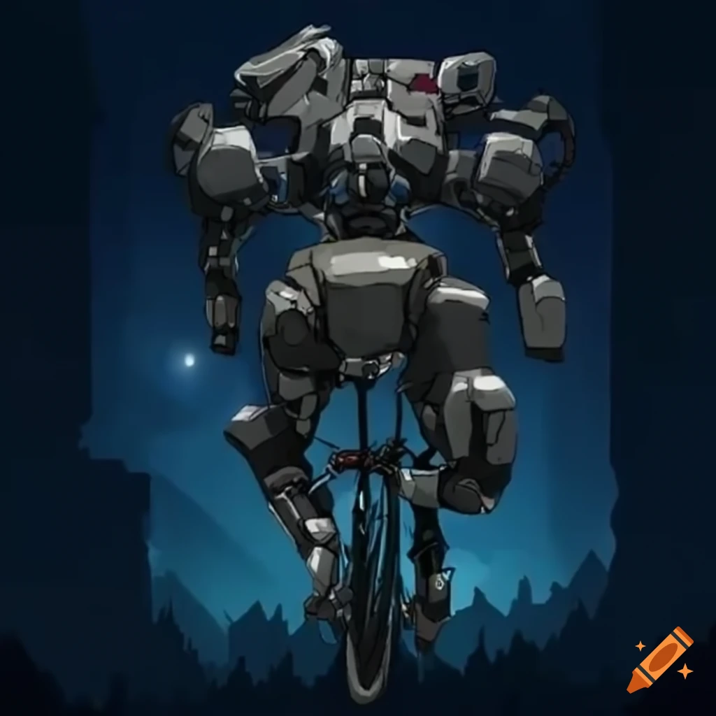 Anime mech riding a full suspension mountain bike on Craiyon