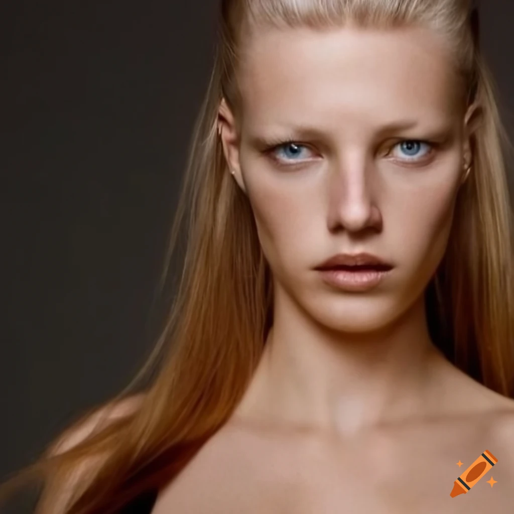 Woman with alabaster skin, blond hair, silver eyes, in a long black ...