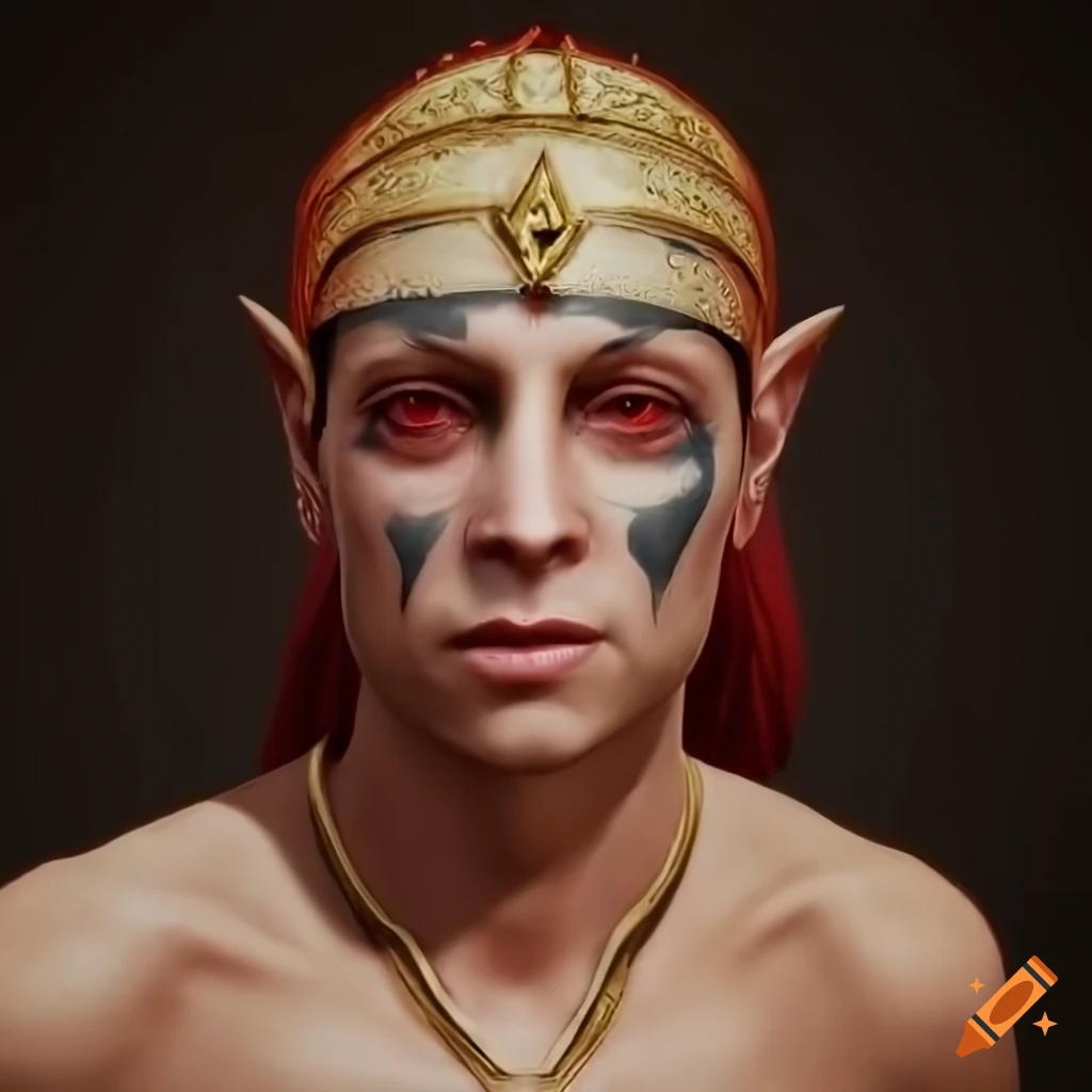 Portrait of etruscan-hittite pale-skinned red-haired elf religious man ...