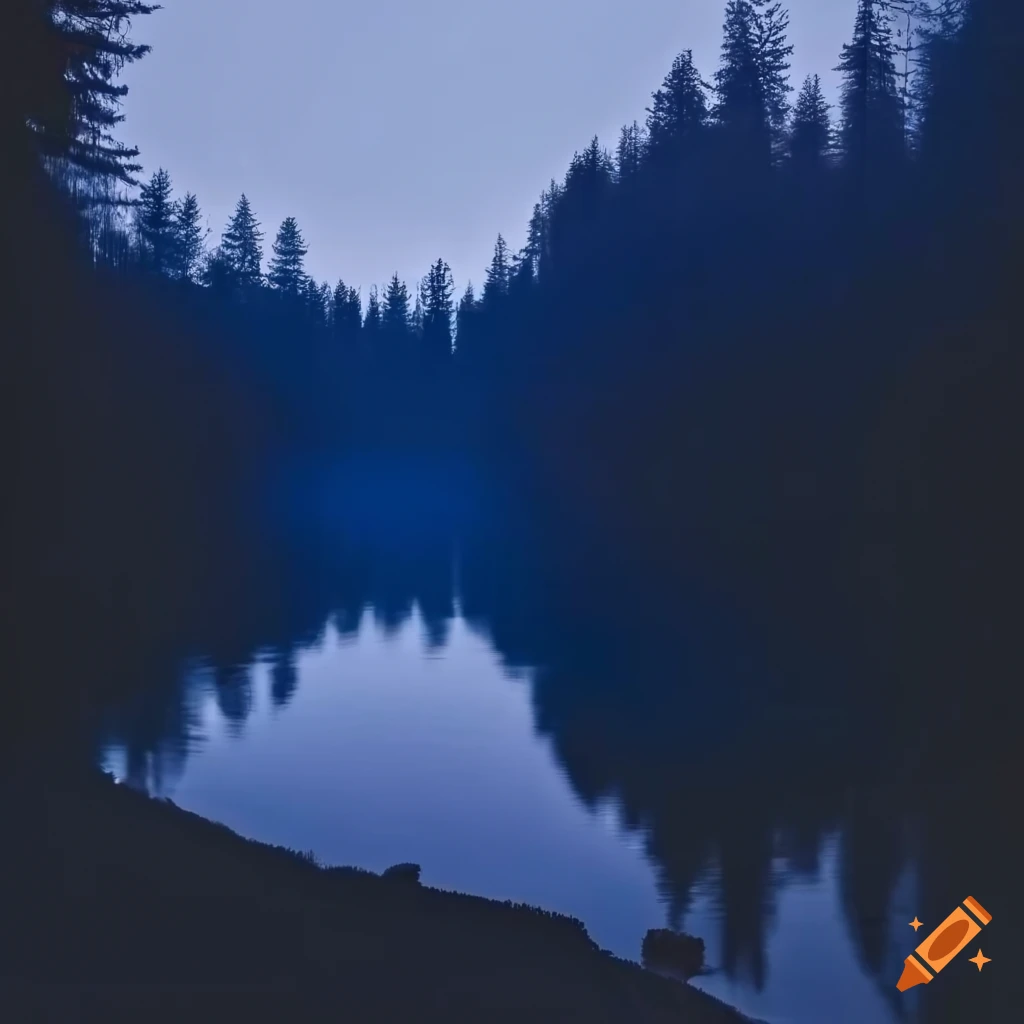 Dark blue forest and lake with cabins and a tall shadowy figure in the ...