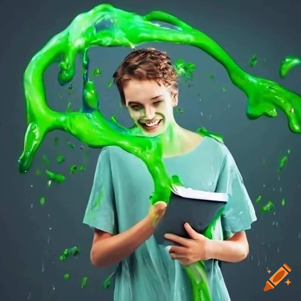 Smiling young long-haired male university student covered in green ...