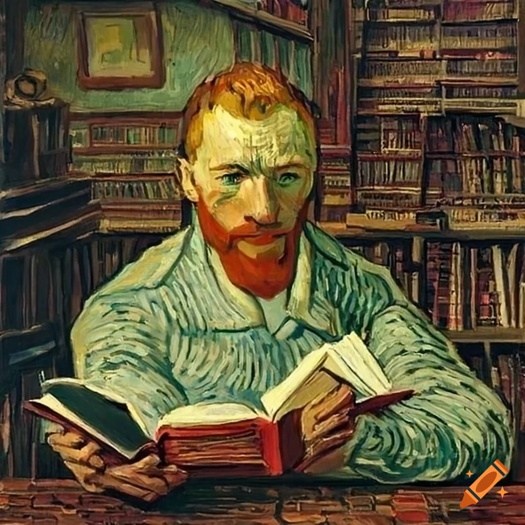 Vincent van gogh reading a book in a mythical library on Craiyon