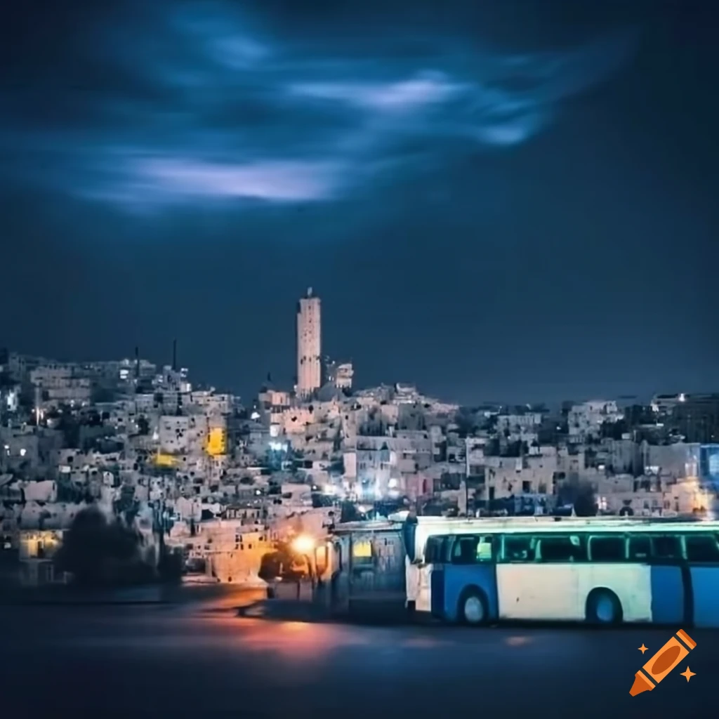 Night view of amman city, jordan from behind a bus on Craiyon