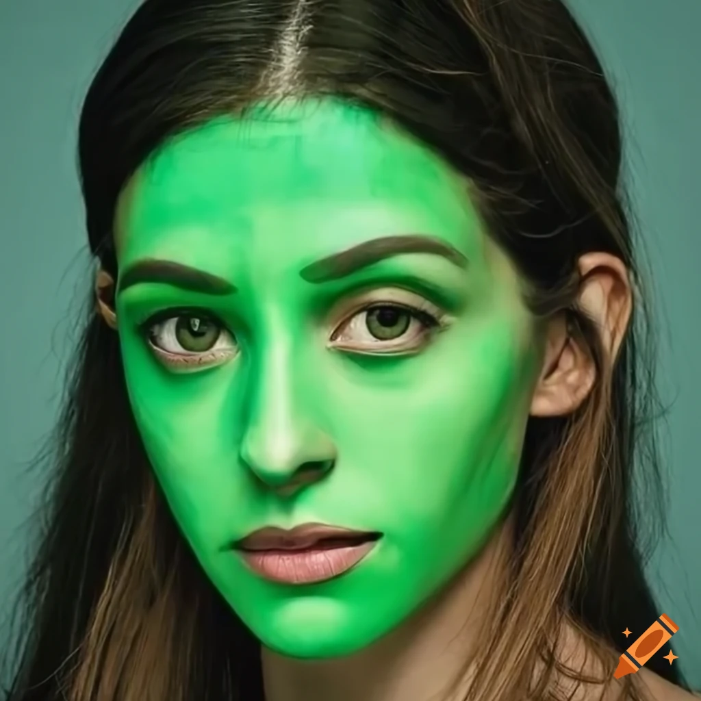 Sarah abo with a bright green painted face in a candid portrait on Craiyon